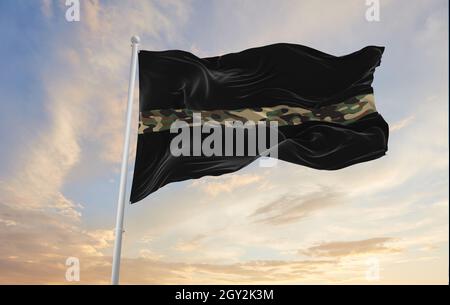 Thin Camo Line flag waving at cloudy sky background on sunset, Military ...