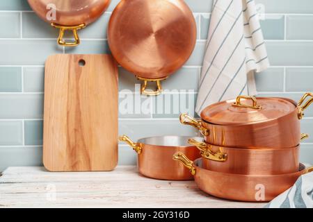 Modern kitchen details with copper kitchenware close up Stock Photo - Alamy