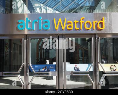 View of an entrance to the Atria shopping centre in Watford town centre ...