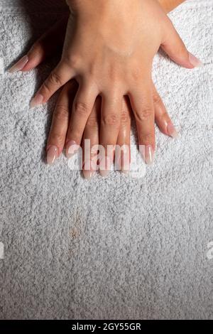 Top view of female hands with elegant and natural design manicure Stock ...