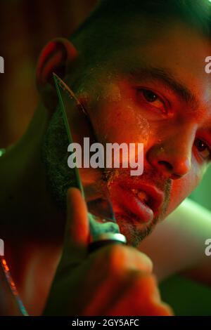 guy shaves with a knife close up Stock Photo - Alamy