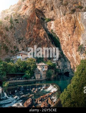 Restaurant, Blagaj village near Mostar, spring of the Buna river ...