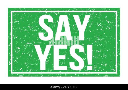SAY YES!, words written on blue rectangle stamp sign Stock Photo - Alamy