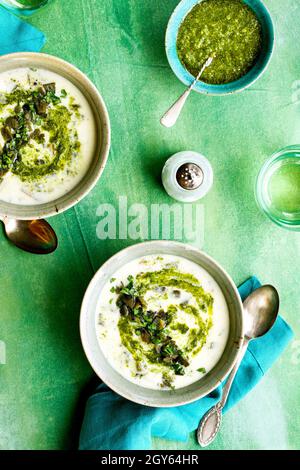 Roasted Poblano Potato Soup with Cilantro Oil Stock Photo - Alamy