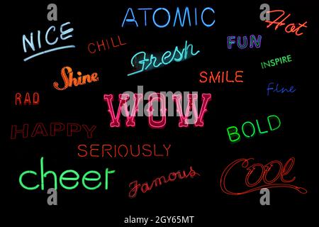 Vintage neon signs 1980's Theme with different text isolated on a dark ...