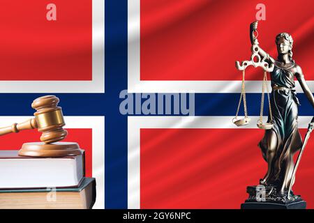 Norway flag with statue of lady justice and judicial scales in dark ...