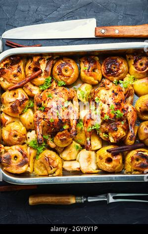 Delicious baked partridge with apples in tray.Homemade baked chicken ...