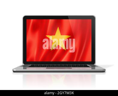 Vietnam flag on laptop screen isolated on white. 3D illustration render ...