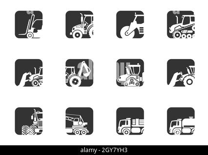 Industrial vehicles icons set with tractor loader paver excavator ...