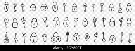 Various locks and keys doodle set. Collection of hand drawn locks with ...