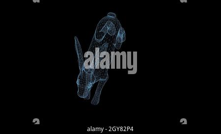wire frame 3d illustration of rabbit running on black background Stock ...