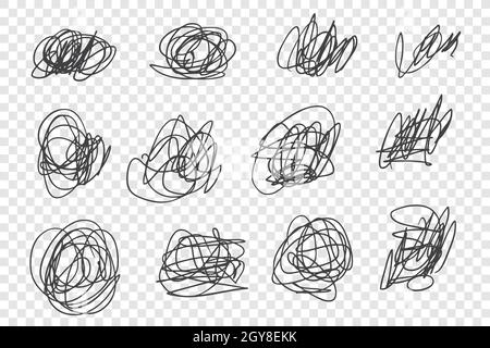 Random undigested scribbles vector illustrations set. Messy ink pen, black pencil strokes pack ...