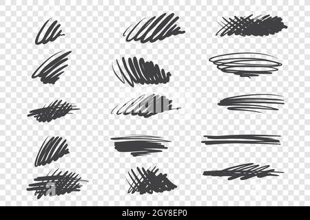 Random undigested scribbles vector illustrations set. Messy ink pen, black pencil strokes pack ...