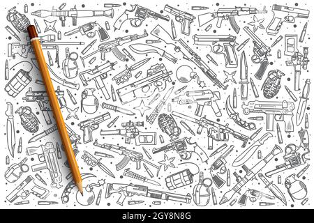 Weapons doodle set. Collection of hand drawn sketches templates ...