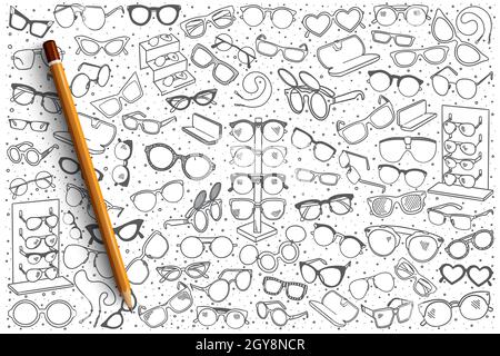 Hand drawn spectacles shop doodle set background with blue lettering in ...