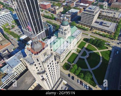 Panorama aerial downtown Fort Wayne golden sunrise summer shot of ...