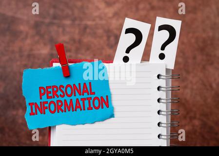 Hand writing sign Personal Information. Business idea recorded ...