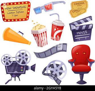 Cartoon cinema elements. Movie theater popcorn, filming cinema ...