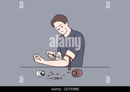banner of Syringe and man drug addict without of focus sitting in ...