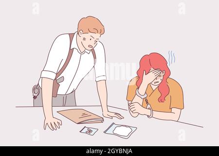 Woman police officer interrogating male suspect in dark room, mistrust ...