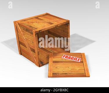 Open wooden crate with fragile sticker Stock Photo - Alamy