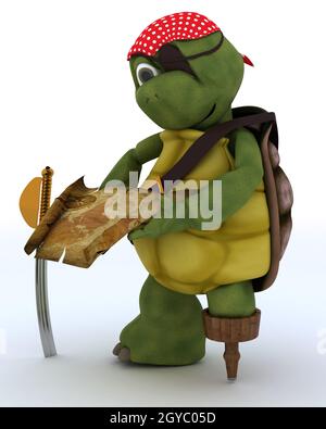 3D render of tortoise pirate with a treasure chest Stock Photo - Alamy