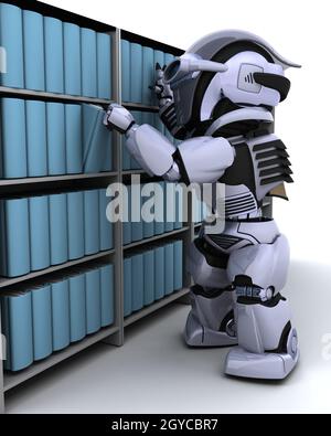 3D Render of robot at bookshelf Stock Photo - Alamy