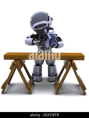 3D render of robot with power saw cutting wood Stock Photo - Alamy