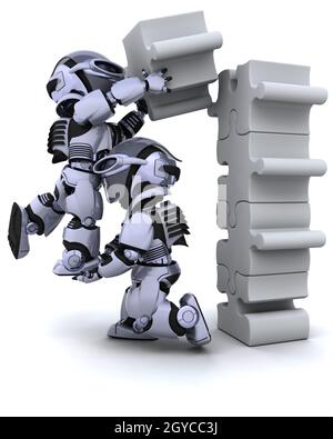3D render of a Robot with jigsaw puzzle business metaphor Stock Photo ...