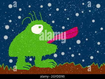 Toad with tongue out over night landscape colorful pencil drawing ...