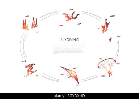 Skydiving - people in air jumping with parachute and skydiving vector ...