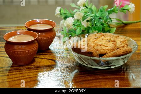 Tea in Indian Handmade " MATIR BHAR" Clay Cup with Homemade Cookies in ...