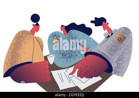 Arrest, prison, interrogate concept. Woman and man experienced ...