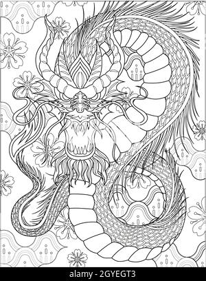 Angry Dragon Facing Front With Long Body And Horns Colorless Line ...