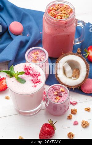 Composition with healthy food. Strawberries and yoghurt breakfast on ...
