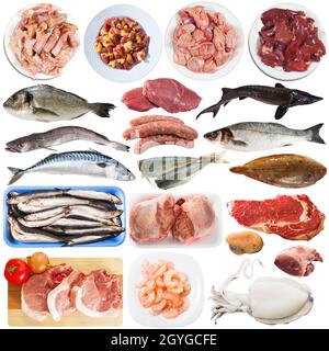 Raw meat, fish and poultry isolated on white background Stock Photo - Alamy