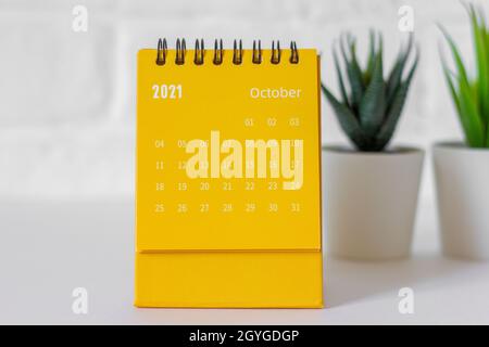 Calendar with tear-off sheets for October 2021.Hello October.Close-up ...