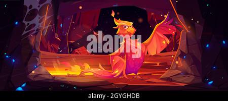Cute phoenix character with orange burning feathers and fire. Vector ...