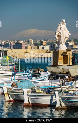 The statue of the Blessed Virgin at the fishing harbor of Sour (Tyre ...