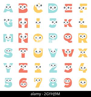 Set of cute kawaii letters and numbers characters with sad face, vector ...