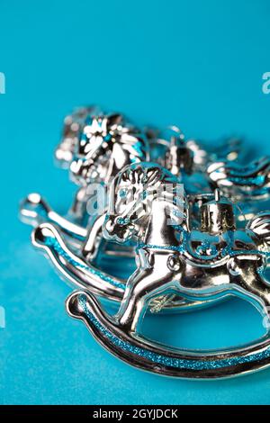 Christmas tree with blue and silver toys. Festively decorated Christmas ...