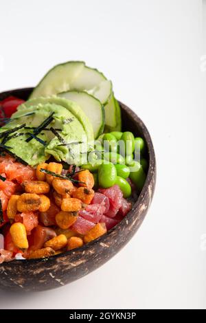 Salmon poke ingredients isolated on white background with clipping path ...