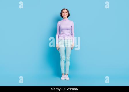 Full size photo of adorable lovely positive lady walking have good mood ...
