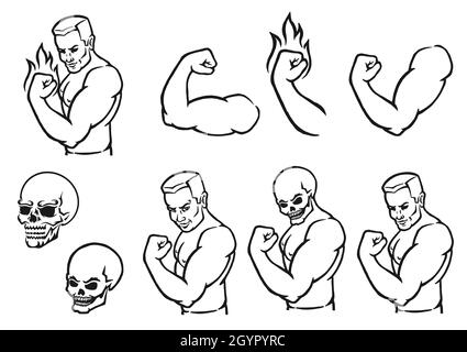 Silhouette Bodybuilder Flexing Arm Muscles Stencil Vector Drawing Stock ...