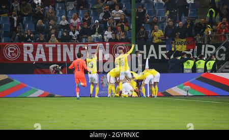 UEFA EURO 2024 Soccer, Romania National flag with a soccer ball in net ...