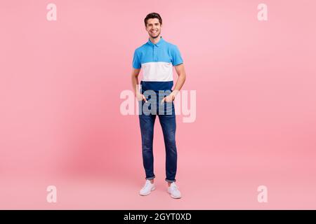 Full length photo of optimistic brunet young guy dance wear t-shirt ...