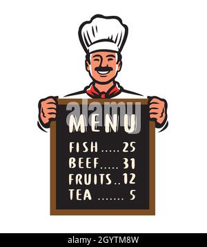 Chef presenting restaurant menu on board. Food concept cartoon vector ...