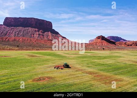 A rotary rake combining smaller windrows of hay into one larger row for ...