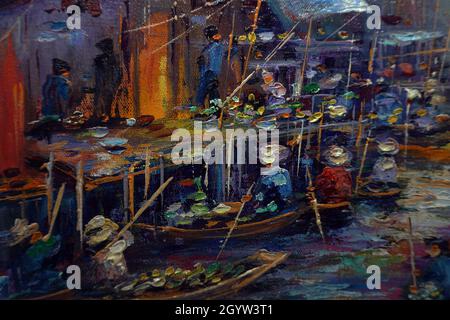 Art painting Oil color Floating market Thailand , countryside , rural ...