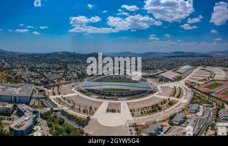 Iconic aerial view over Spyros Louis OAKA Olympic stadium in Athens ...